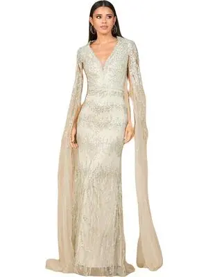 LARA NEW YORK V-neck Gown With Cape Sleeves And Feathers - Sage