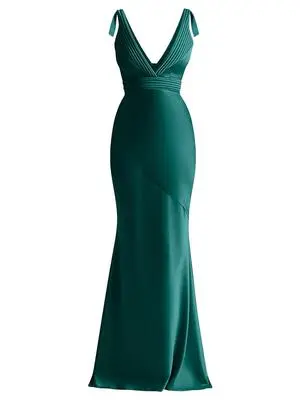 ZHIVAGO Deep V-Neck Stretch Satin Gown Emerald
