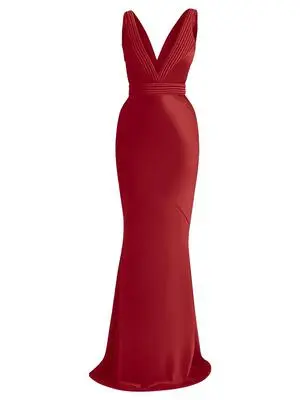 ZHIVAGO Deep V-Neck Stretch Satin Gown Ruby
