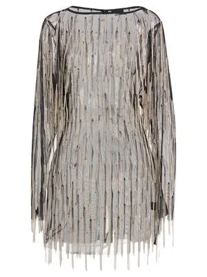 LAPOINTE Crystal Fringe Mesh Mini Dress