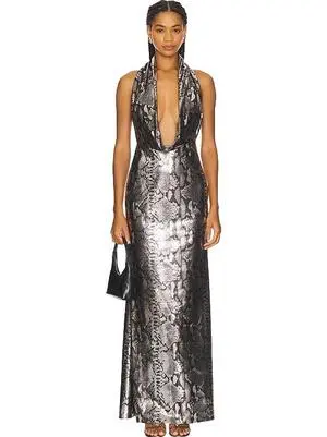 Lapointe Metal Snake Deep Cowl Neck Gown - Silver