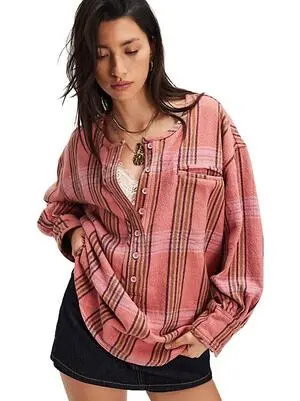 Free People We The Free Perfect In Plaid Pullover Pink Combo