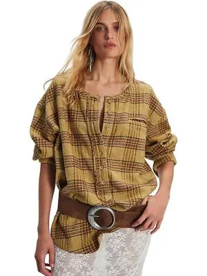 Free People We The Free Perfect In Plaid Pullover Yellow Combo