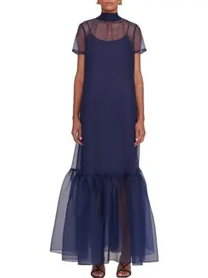 Staud Calluna Organza Gown With Ruffle Hem - Navy