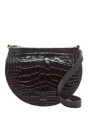 WANDLER Kate Croc Embossed Leather Saddle Bag - Black Crocodile
