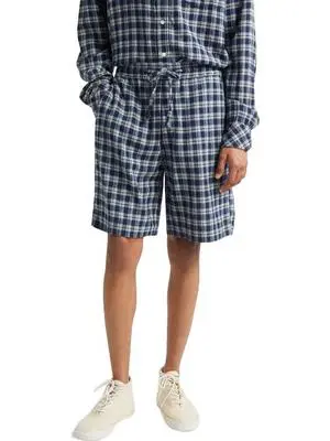 THE ELDER STATESMAN Dune Plaid Fringe Beach Shorts - Navy