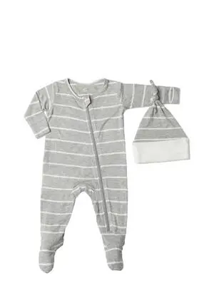 EVERLY GREY Jersey Long Sleeve Footie & Hat Set - Heather Grey Stripe