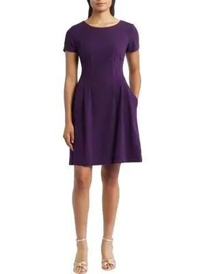 CONNECTED APPAREL Short Sleeve Fit & Flare Dress - Aubergine