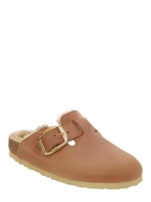 BIRKENSTOCK Boston Big Buckle Shearling Natural Leather Clogs - Cognac