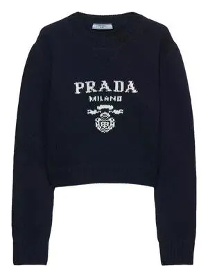 Prada Intarsia-logo Ribbed-knit Sweater - Blue