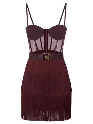 Elisabetta Franchi Tulle Mini Dress With Fringes - Vino