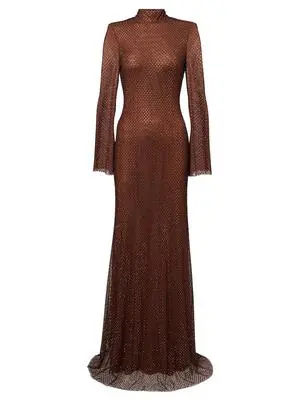 SELF-PORTRAIT Crystal-embellished Mesh Gown - Brown