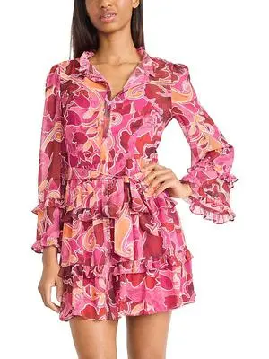 Maggy London Floral Ruffle Tiered Button Front Dress - Pink/ Red