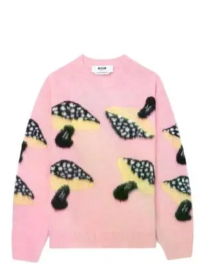 MSGM Mushroom-print Crew Neck Sweater - Pink