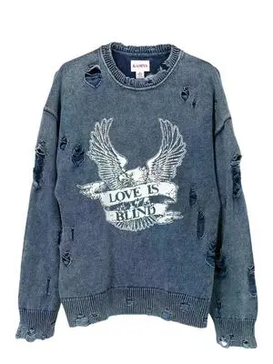 KAMIYA Eagle-print Distressed-knit Sweater - Blue