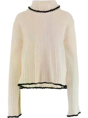 JIL SANDER Ribbed High-neck Ruffled Sweater - Neutrals