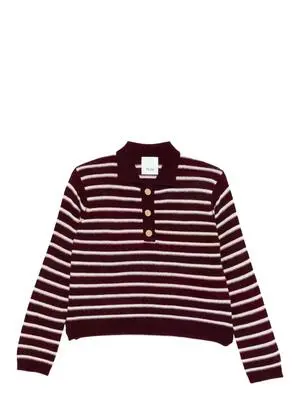 ALLUDE Striped Button-placket Polo Top - Red