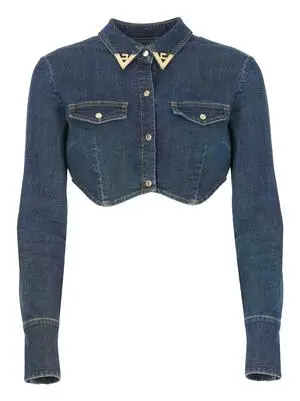 Elisabetta Franchi Cropped Denim Top With Gold-tone Collar - Blue