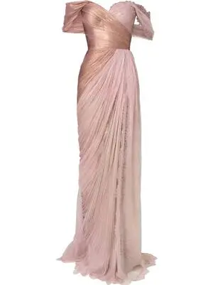 IRIS SERBAN Pleated Metallic Lace Maxi Dress - Neutrals