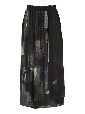 Y’s Abstract-print Draped Skirt - Black