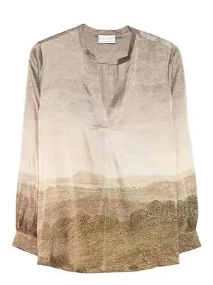 PIERRE-LOUIS MASCIA Landscape-print Silk Top - Brown