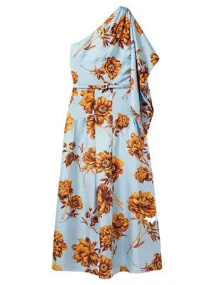 Oscar De La Renta One-shoulder Belted Draped Floral-print Silk-twill Midi Dress - Blue