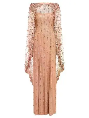 Jenny Packham Blaize Embellished Cape Maxi Dress Neutrals
