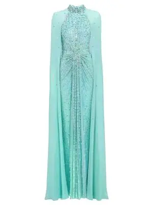 Jenny Packham Thea Embellished Cape Maxi Dress - Blue