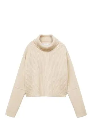 Mango Turtleneck Cotton & Wool Rib Sweater - Ecru