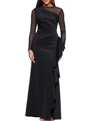 XSCAPE EVENINGS Mesh Long Sleeve Ruffled Scuba Gown - Black