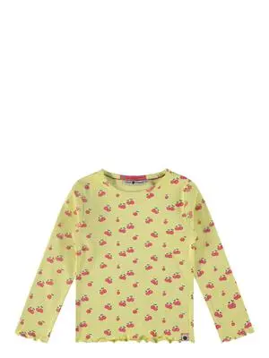 STAINS AND STORIES BY BABYFACE Allover Cherry Print Ribbed Long Sleeve Top - Yellow
