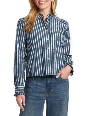 APNY Stripe Ruffle Trim Cotton Button-up Shirt - Navy/off White