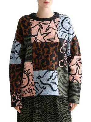 Scotch & Soda Oversize Jacquard Pullover Sweater - Leopard Patchwork Jacquard