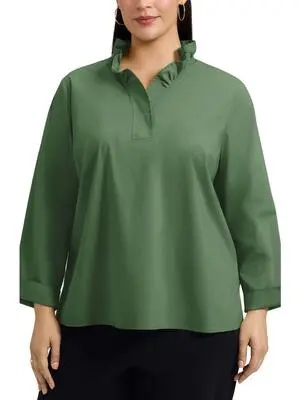 Foxcroft Tammy Ruffle Collar Cotton Blend Top - Basil