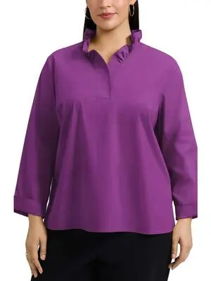 Foxcroft Tammy Ruffle Collar Cotton Blend Top - Fig