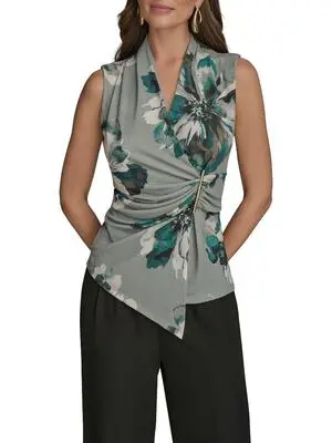 Donna Karan New York Floral Sleeveless Faux Wrap Top - Weathered Sage
