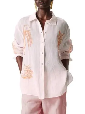 & Other Stories Embroidered Sheer Button-up Shirt - Pink Dusty Light