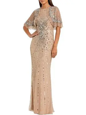 Mac Duggal Beaded Mesh Fitted Capelet Gown - Nude Silver