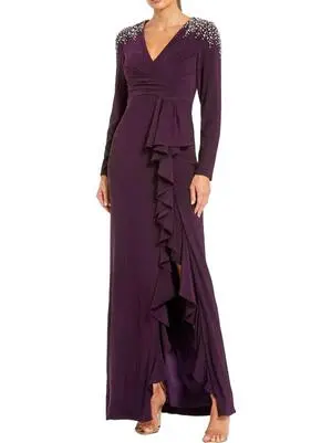 Mac Duggal Long Sleeve Gown With Cascading Ruffle And Rhinestone Shoulders - Amethyst