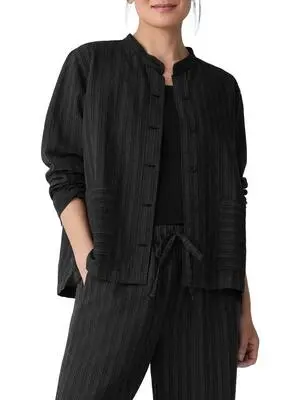 Eileen Fisher Stripe Mandarin Collar Organic Cotton Blend Shirt Jacket - Black