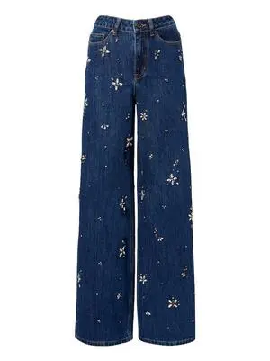 SELF-PORTRAIT Embellished High-rise Wide-leg Jeans - Blue