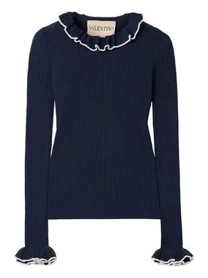 Valentino Garavani Ruffled Ribbed Wool Sweater - Blue