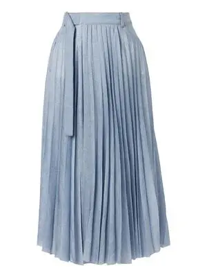 Sacai Wrap-effect Denim-paneled Pleated Midi Skirt - Blue