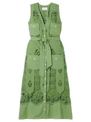 Miguelina Alexia Belted Embroidered Cotton-voile And Lace Midi Dress - Green