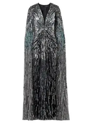 Jenny Packham Cape-effect Embellished Tulle Gown - Black