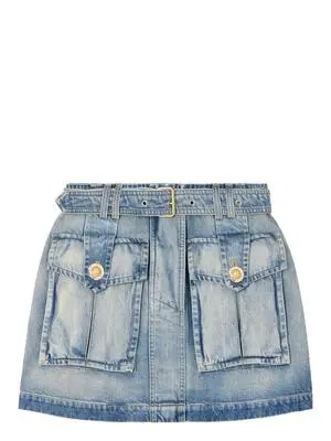 Balmain Belted Denim Mini Skirt - Blue