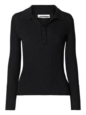 Another Tomorrow Ribbed-knit Polo Sweater - Black