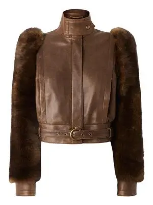 Chloé Cropped Shearling-trimmed Leather Jacket - Brown