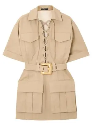 Balmain Belted Cotton-gabardine Mini Dress - Neutrals