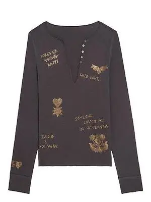 Zadig&Voltaire Tuni Henley-collar Rhinestone-embellished T-shirt - Dark Chocolate